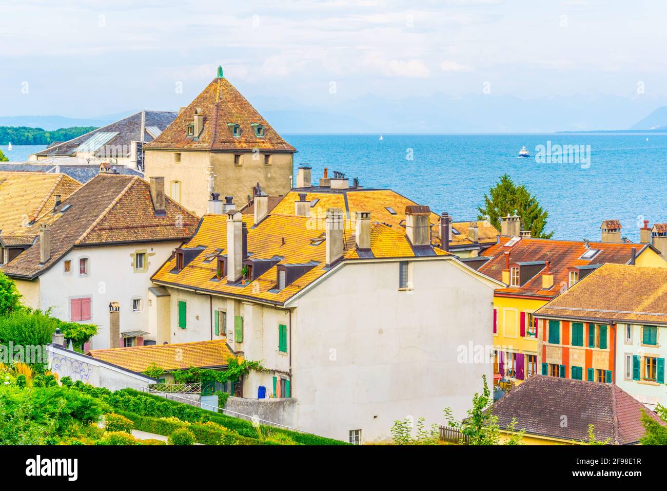 Aerial view of Geneva lake from terrace next to the Nyon Palace ...