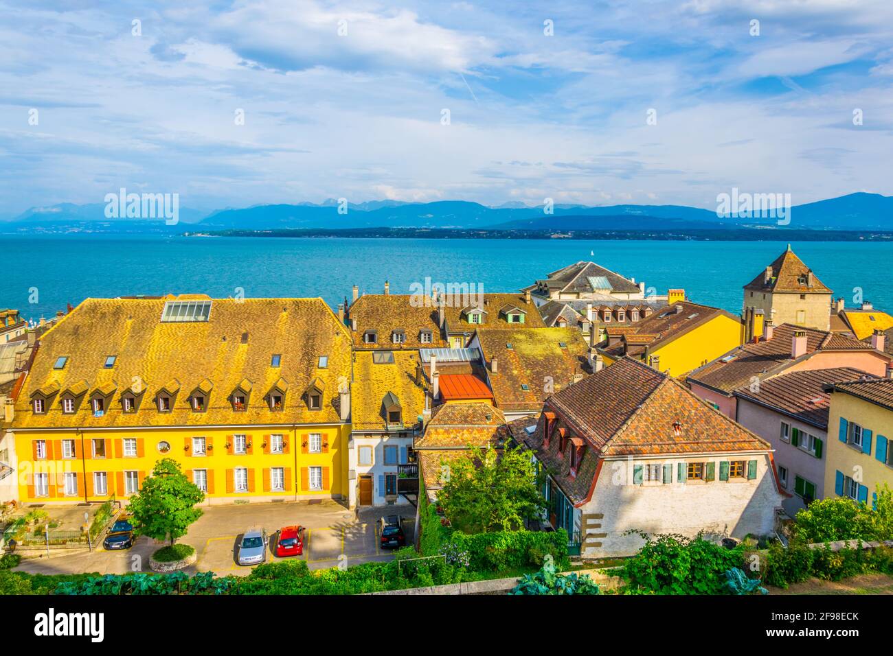Aerial view of Geneva lake from terrace next to the Nyon Palace ...