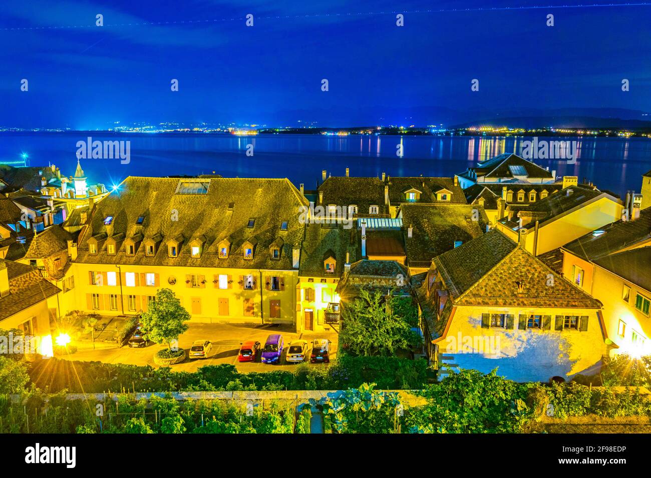 Night view of Geneva lake from terrace next to the Nyon Palace ...