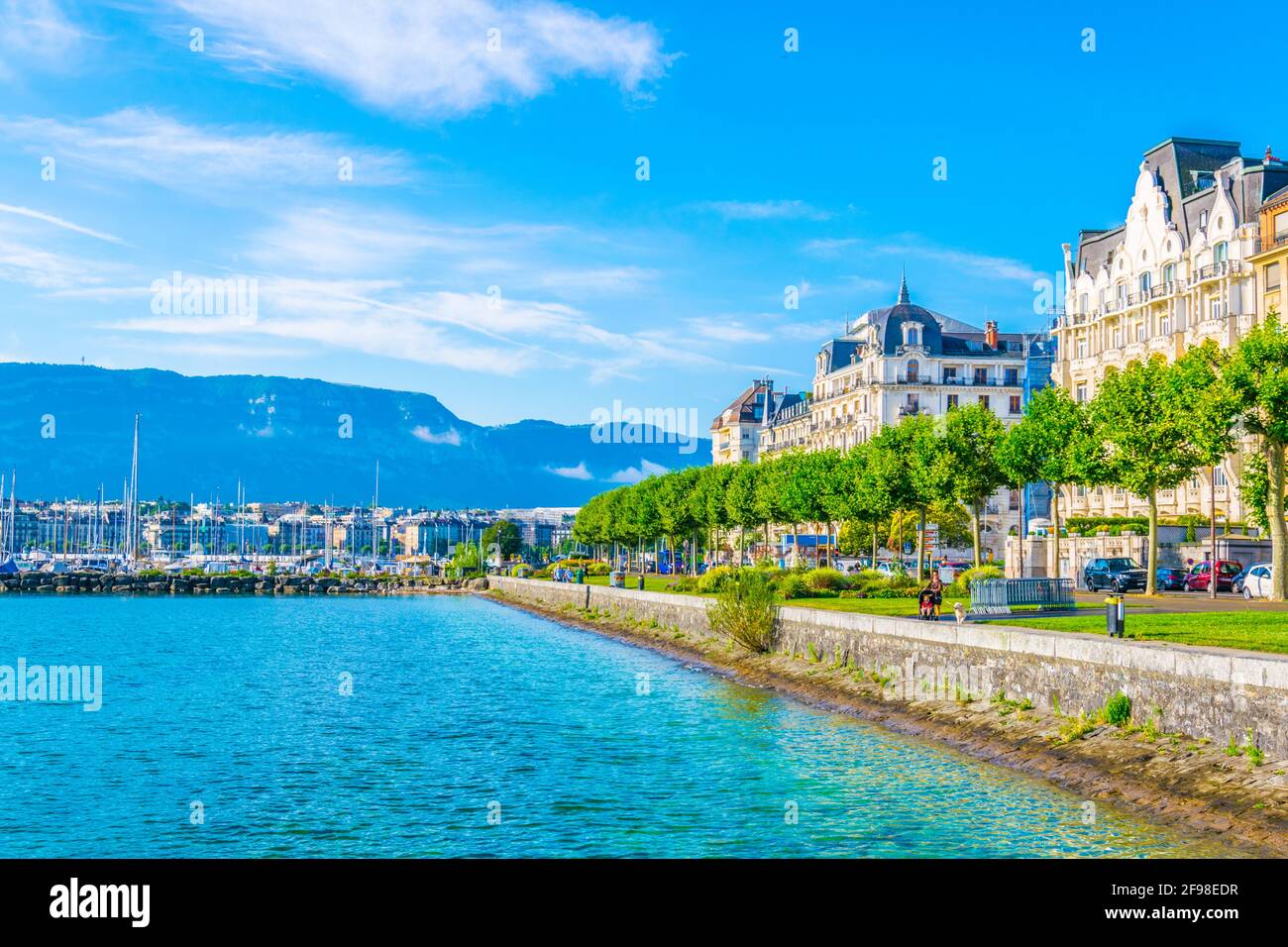 Promenade stretched along historical buildings in Geneva, Switzerland ...