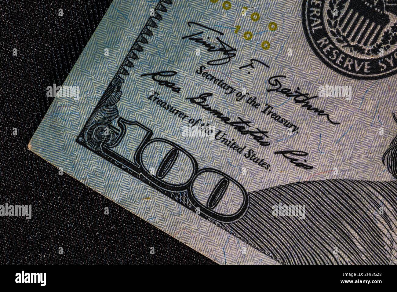 Closeup of 100 US dollar money banknote - inflation and economy concept ...