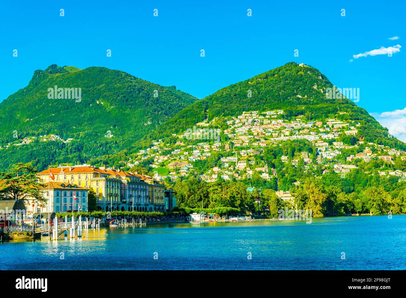 Old town of Lugano facing the Lugano lake in Switzerland Stock Photo ...