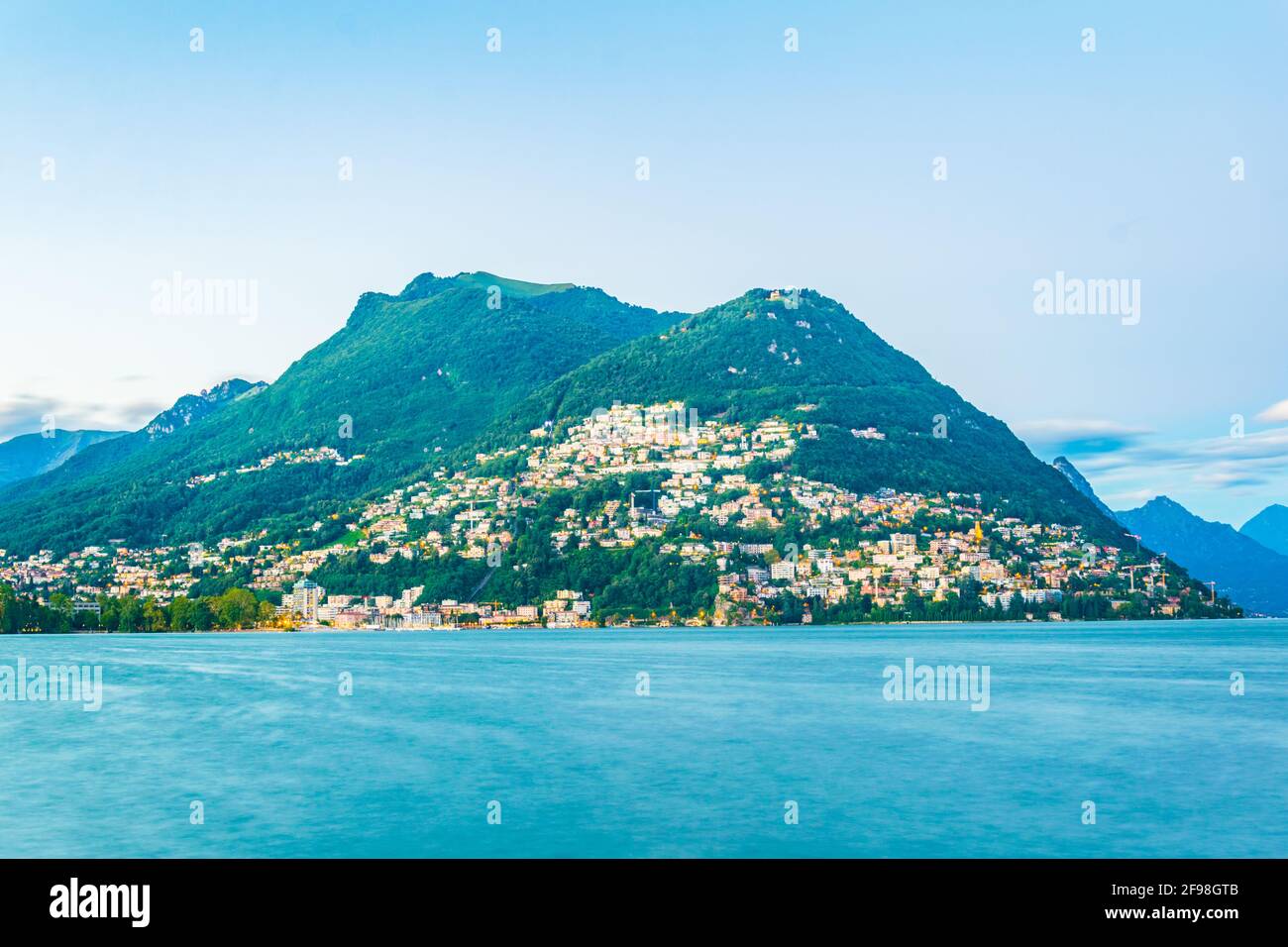Sunset view of Monte Bré mountain in Lugano, Switzerland Stock Photo ...