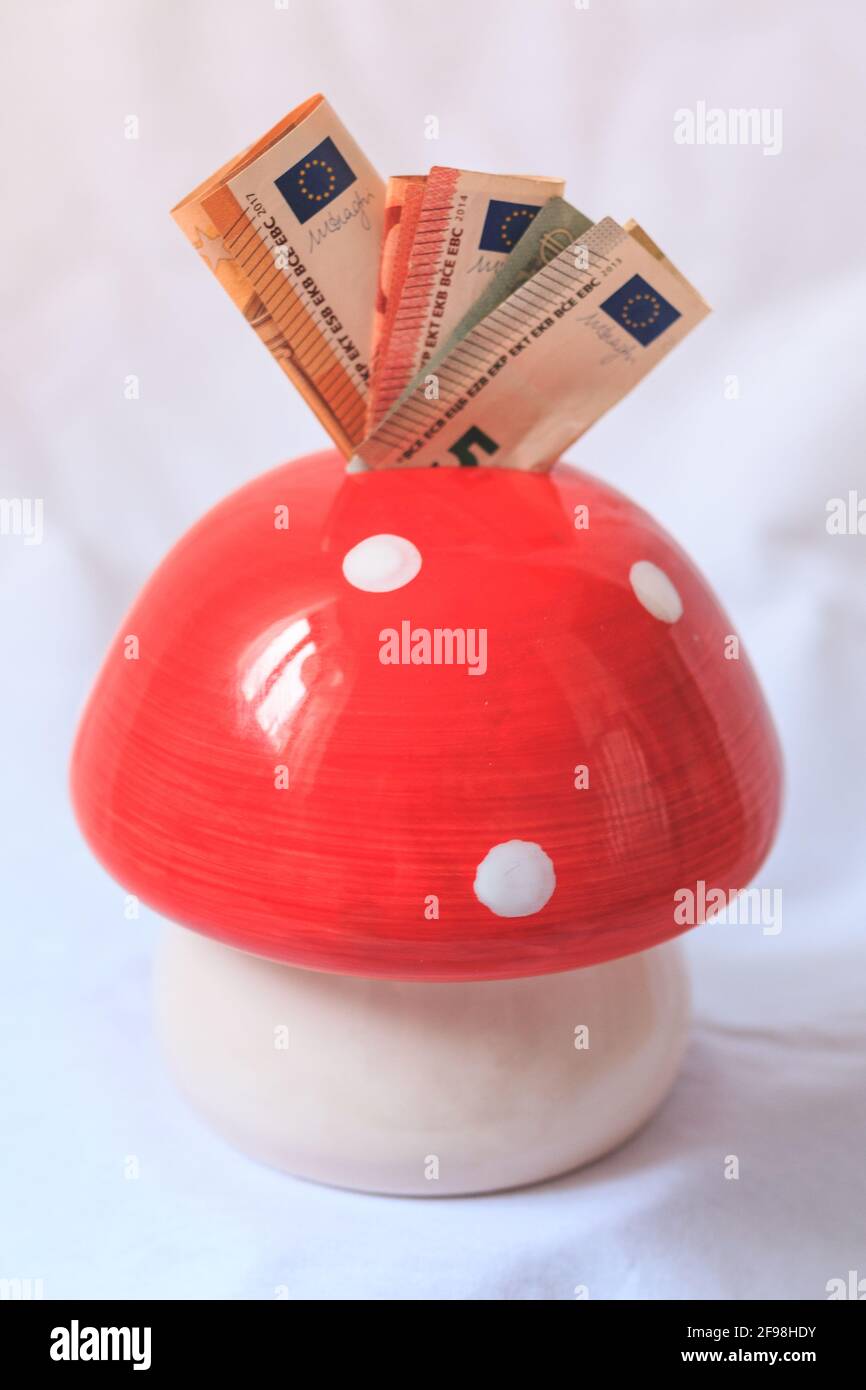 Mushroom as a money box, bank notes, euros, save Stock Photo - Alamy