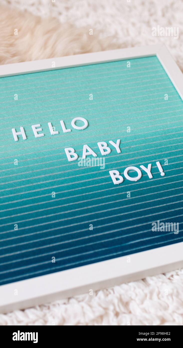 Letterboard "Hello Baby Boy" / Welcome Baby, blue, boy Stock Photo - Alamy