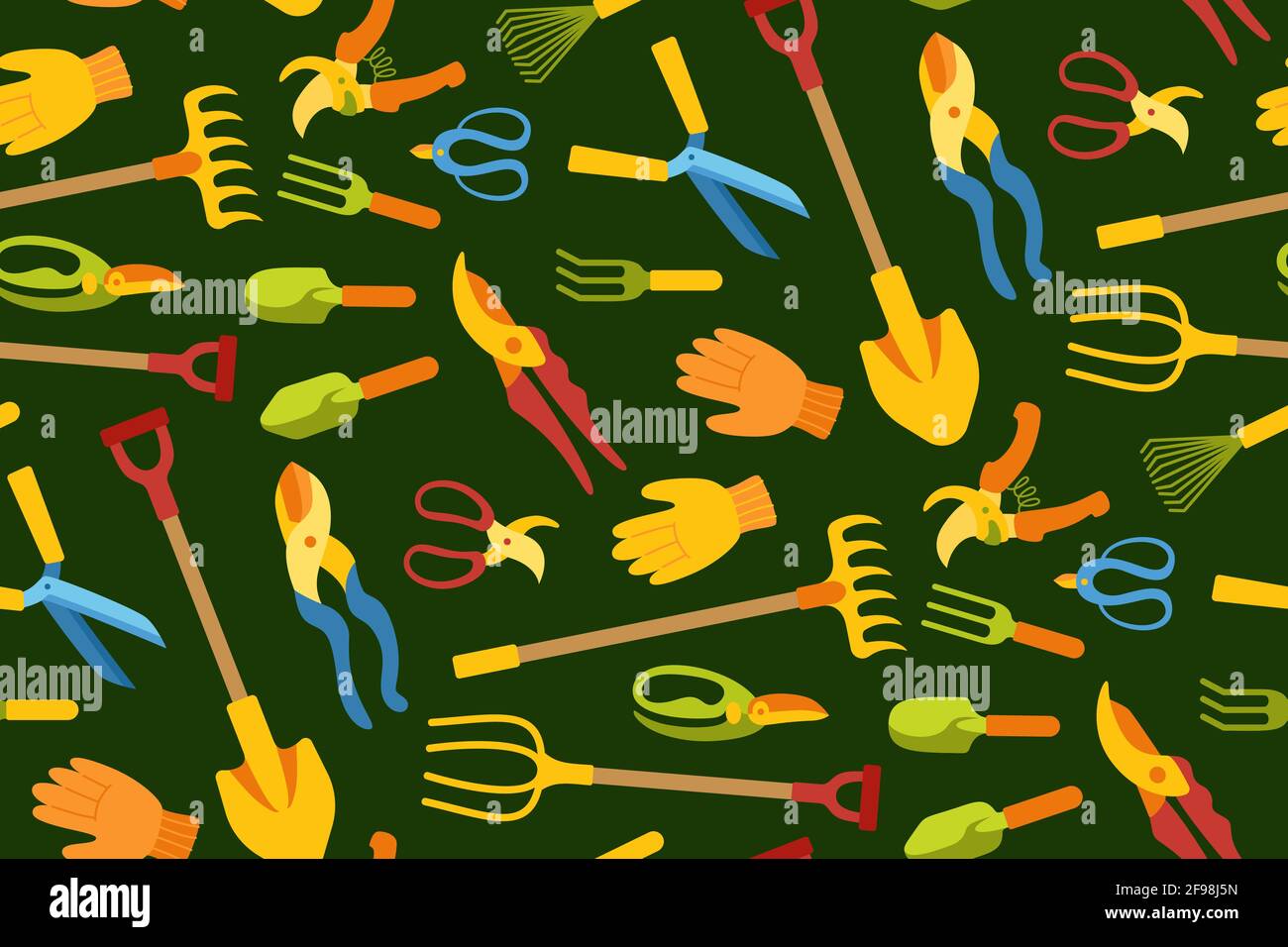 Gardening tools seamless pattern. Shovel pitchfork and rake cartoon style. Equipment pruner ...