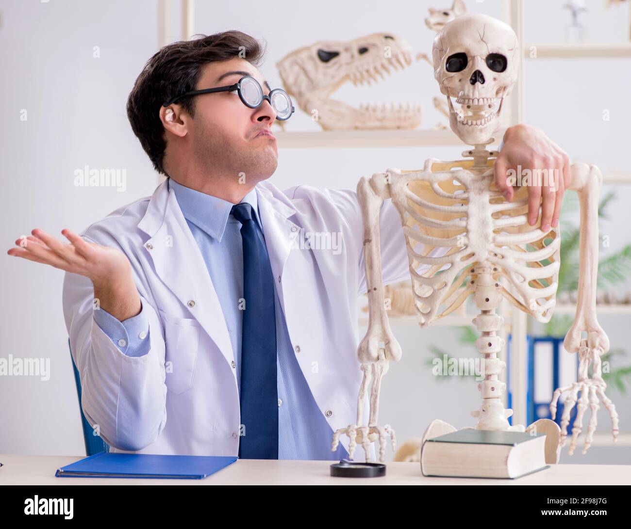 The crazy professor studying human skeleton Stock Photo - Alamy