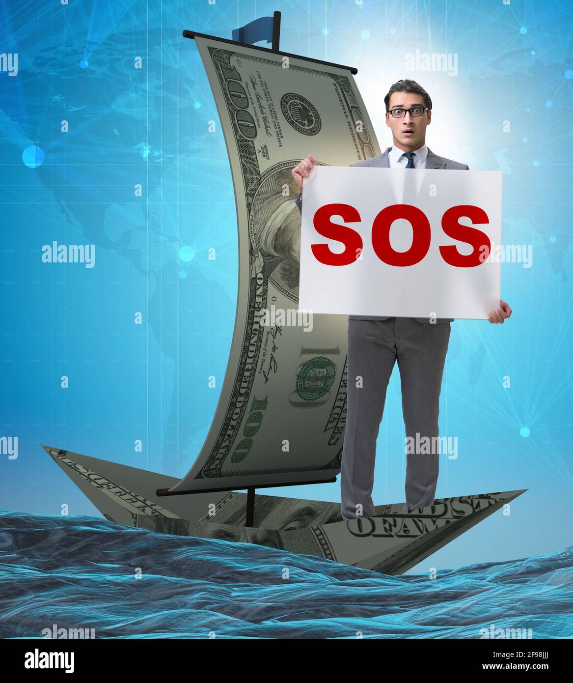 The businessman asking for help with sos message on boat Stock Photo ...