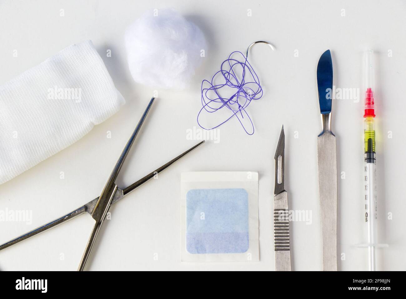 Top view of a stainless dissection kit on a white background Stock ...