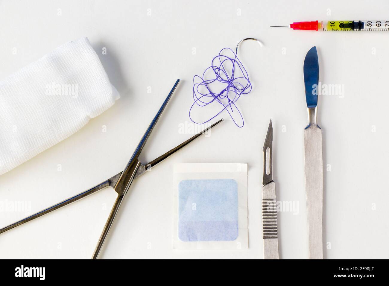 Top view of a stainless dissection kit on a white background Stock ...