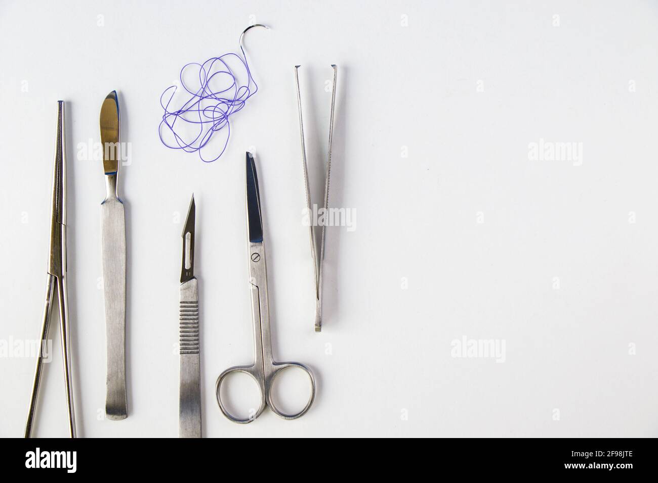 Top view of a stainless dissection kit on a white background Stock ...