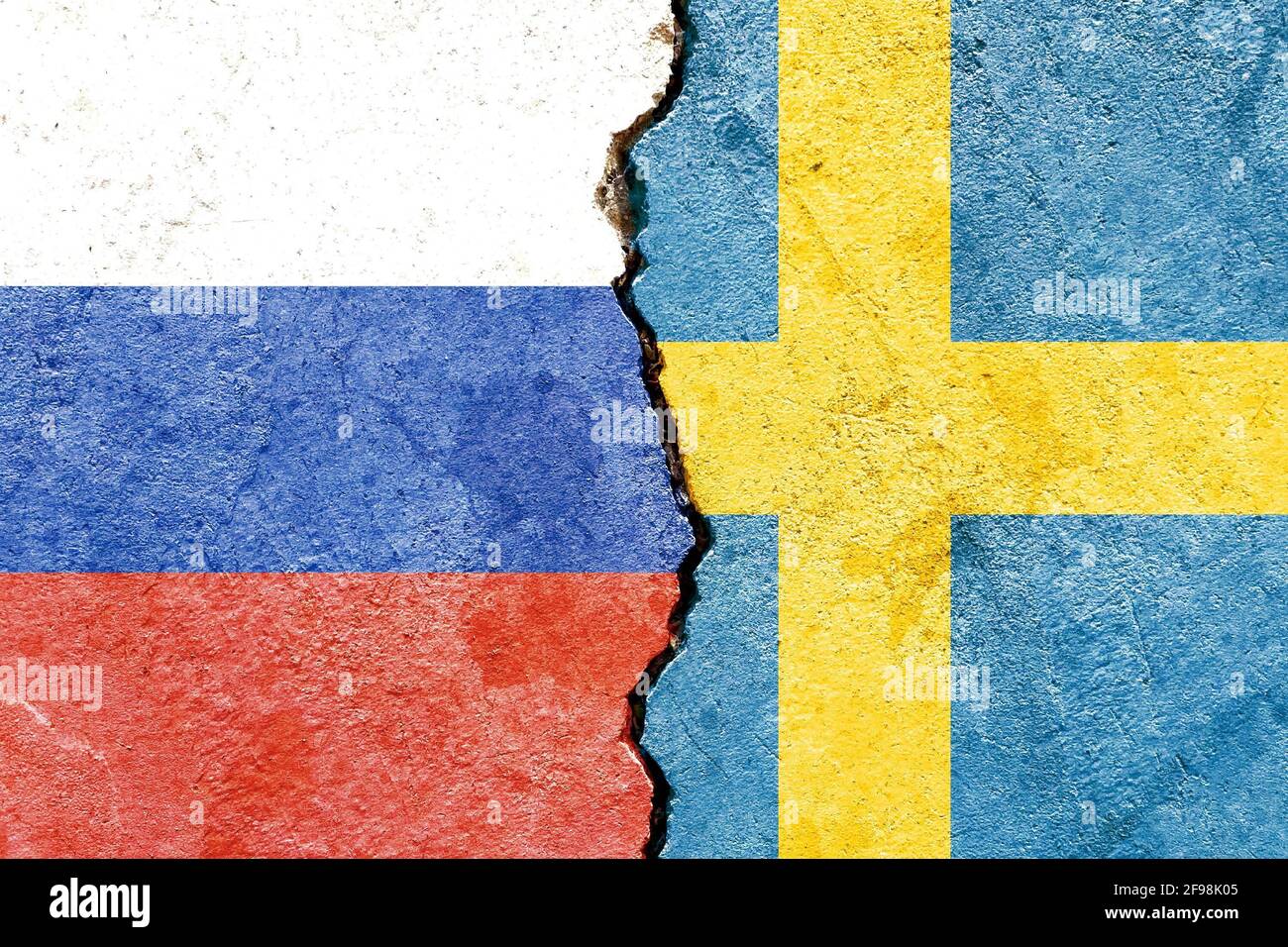 Political conflict concept Russia VS Sweden, flags on a cracked wall ...