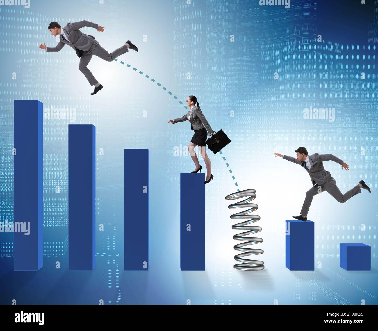 The business people jumping over bar charts Stock Photo - Alamy