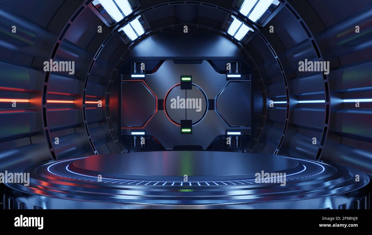 Empty light blue studio room futuristic Sci Fi big hall room with ...
