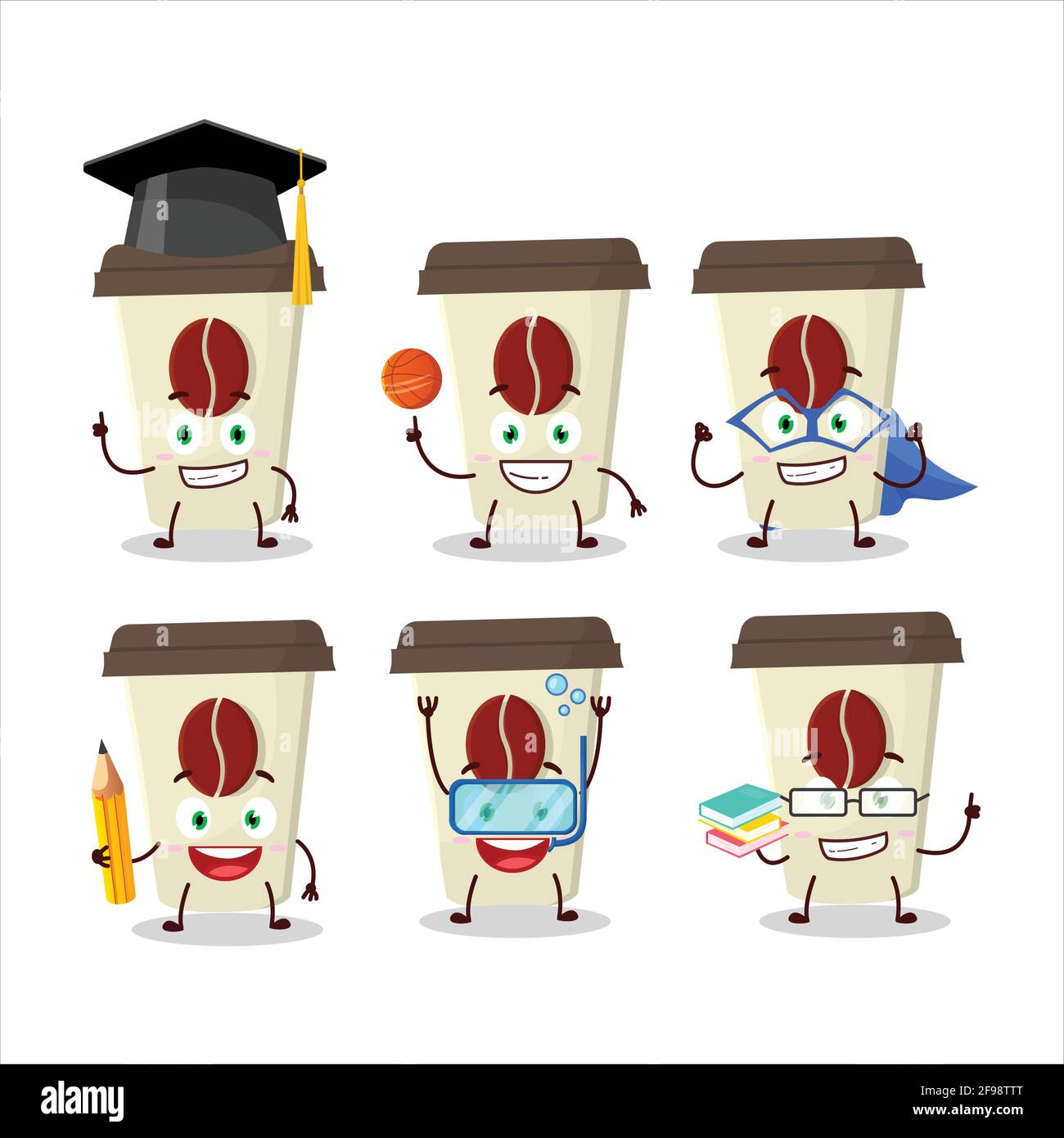 School student of coffee milk cup cartoon character with various ...