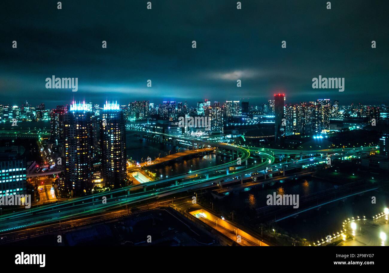 Aerial view over tokyo by night beautiful city lights hi-res stock ...