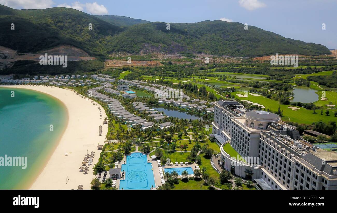 Drone view of beautiful resort in Hon Tre island, Nha Trang, Vietnam ...