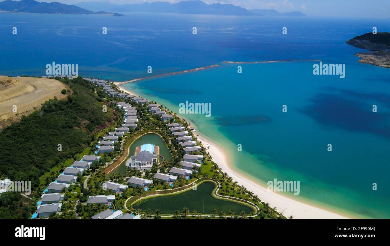 Drone view of beautiful resort in Hon Tre island, Nha Trang, Vietnam ...