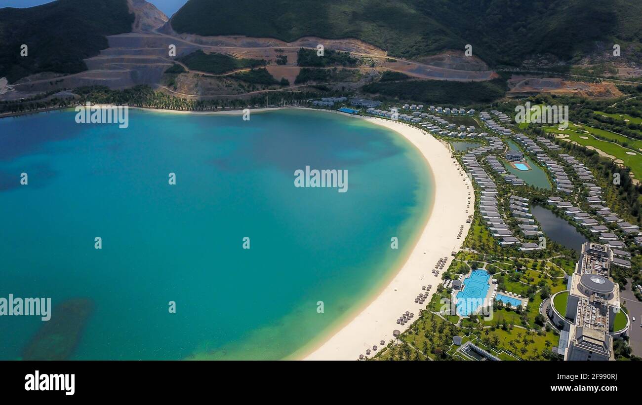 Drone view of beautiful resort in Hon Tre island, Nha Trang, Vietnam ...