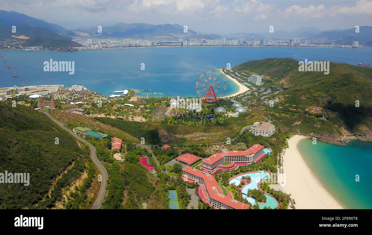 Drone view of beautiful resort in Hon Tre island, Nha Trang, Vietnam ...