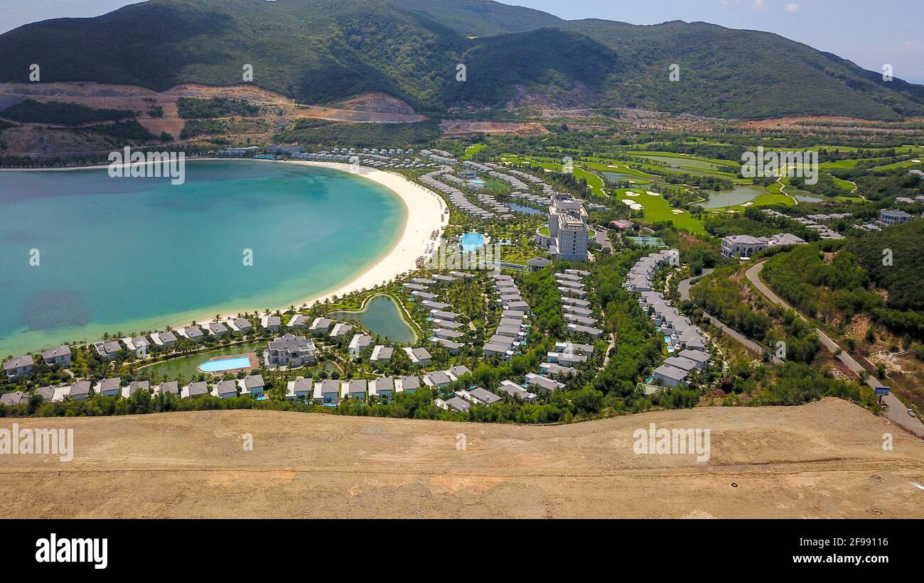 Drone view of beautiful resort in Hon Tre island, Nha Trang, Vietnam ...