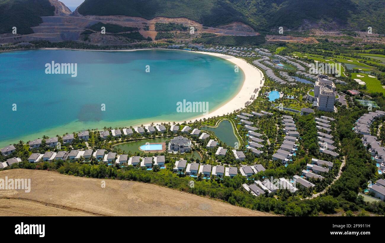 Drone view of beautiful resort in Hon Tre island, Nha Trang, Vietnam ...
