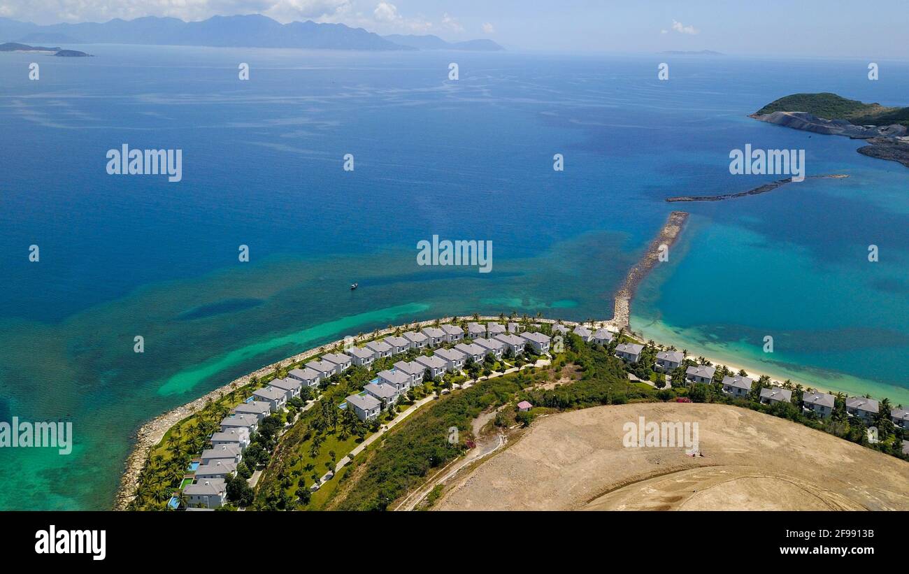 Drone view of beautiful resort in Hon Tre island, Nha Trang, Vietnam ...