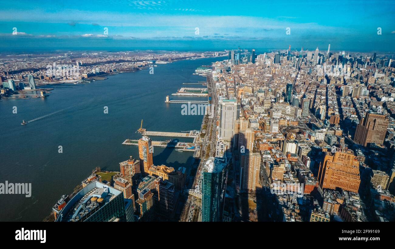 Wide angle aerial view over Manhattan New York - travel photography ...