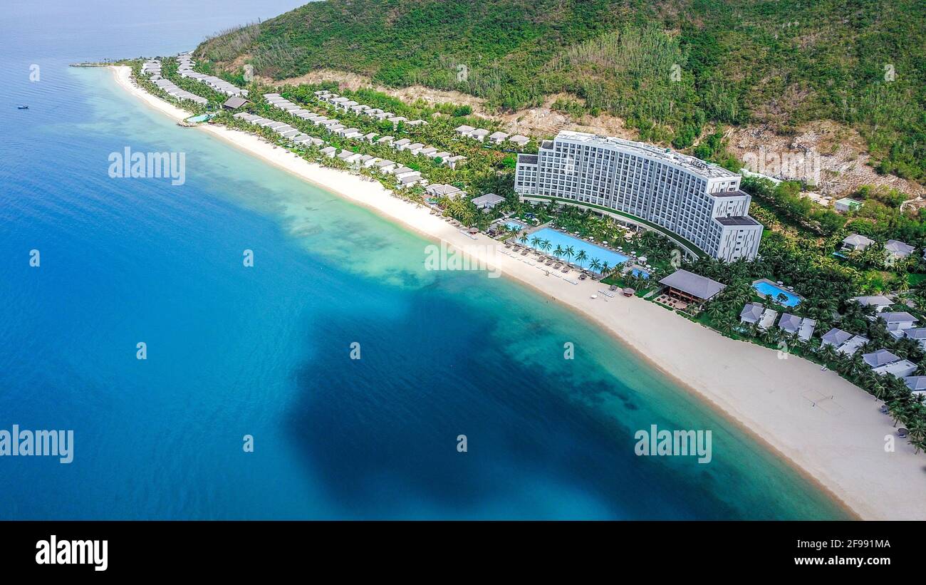 Drone view of beautiful resort in Hon Tre island, Nha Trang, Vietnam ...