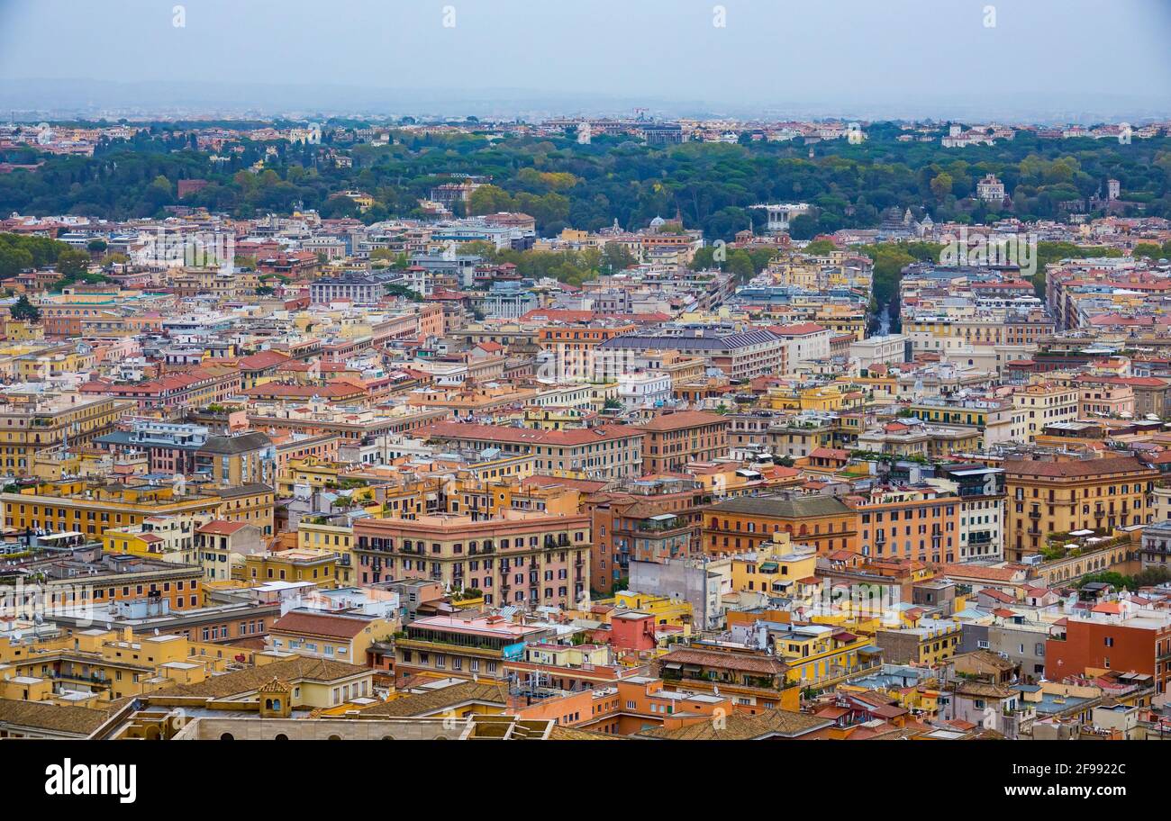 Impressive aerial view over the city of Rome from the top of St Peters ...