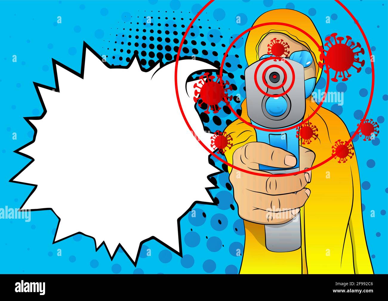 Woman in protective suit with thermometer measure temperature. Comic ...