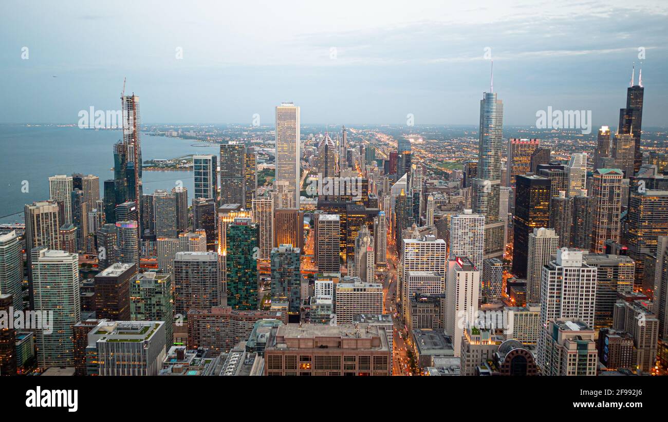 The skyscrapers of Chicago - aerial view in the evening - CHICAGO ...