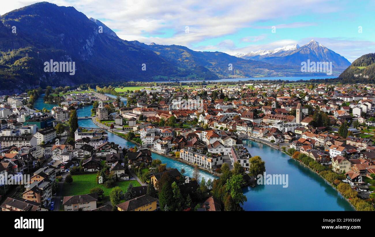 Aerial view over the city of Interlaken in Switzerland - amazing drone ...