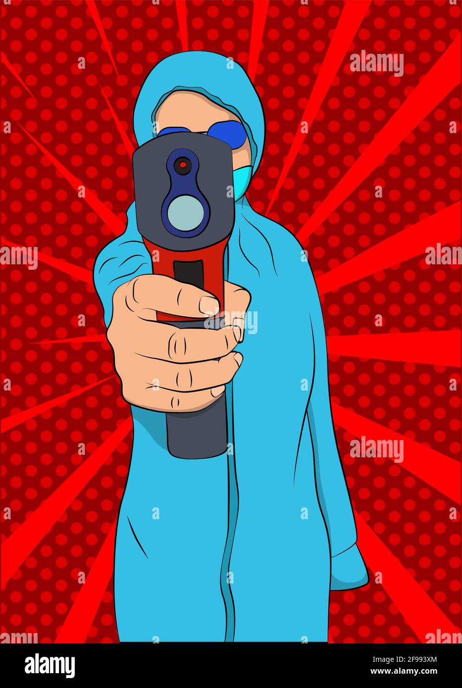 Woman in protective suit with thermometer measure temperature. Comic ...