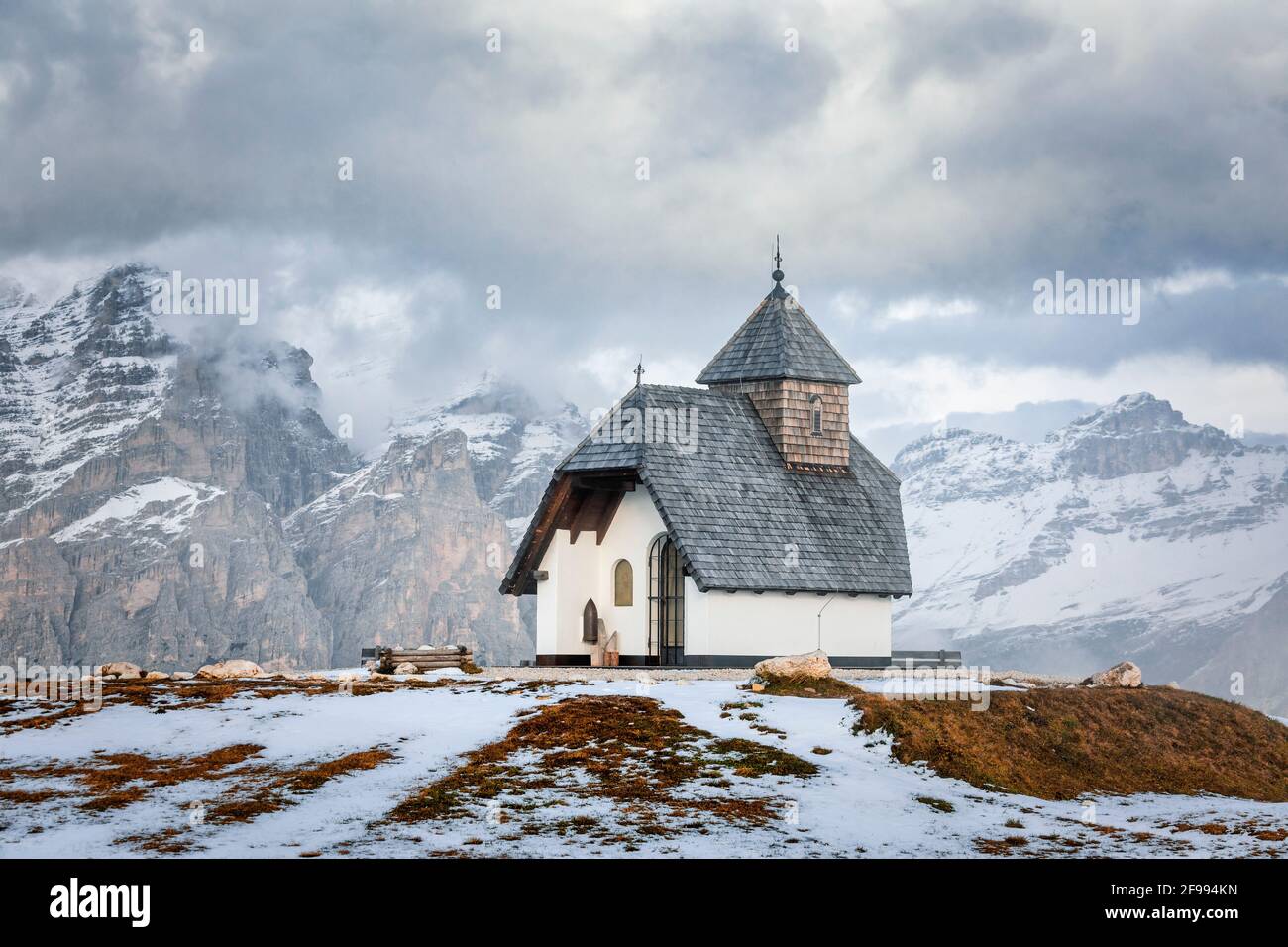 Alpine chapel of St Anthony on the Pralongia plateau, near Corvara ...