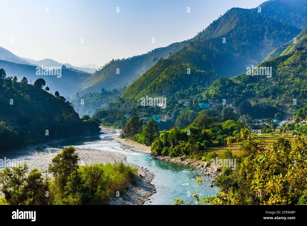 View of Ramganga river and the valley to the village and fields on the ...