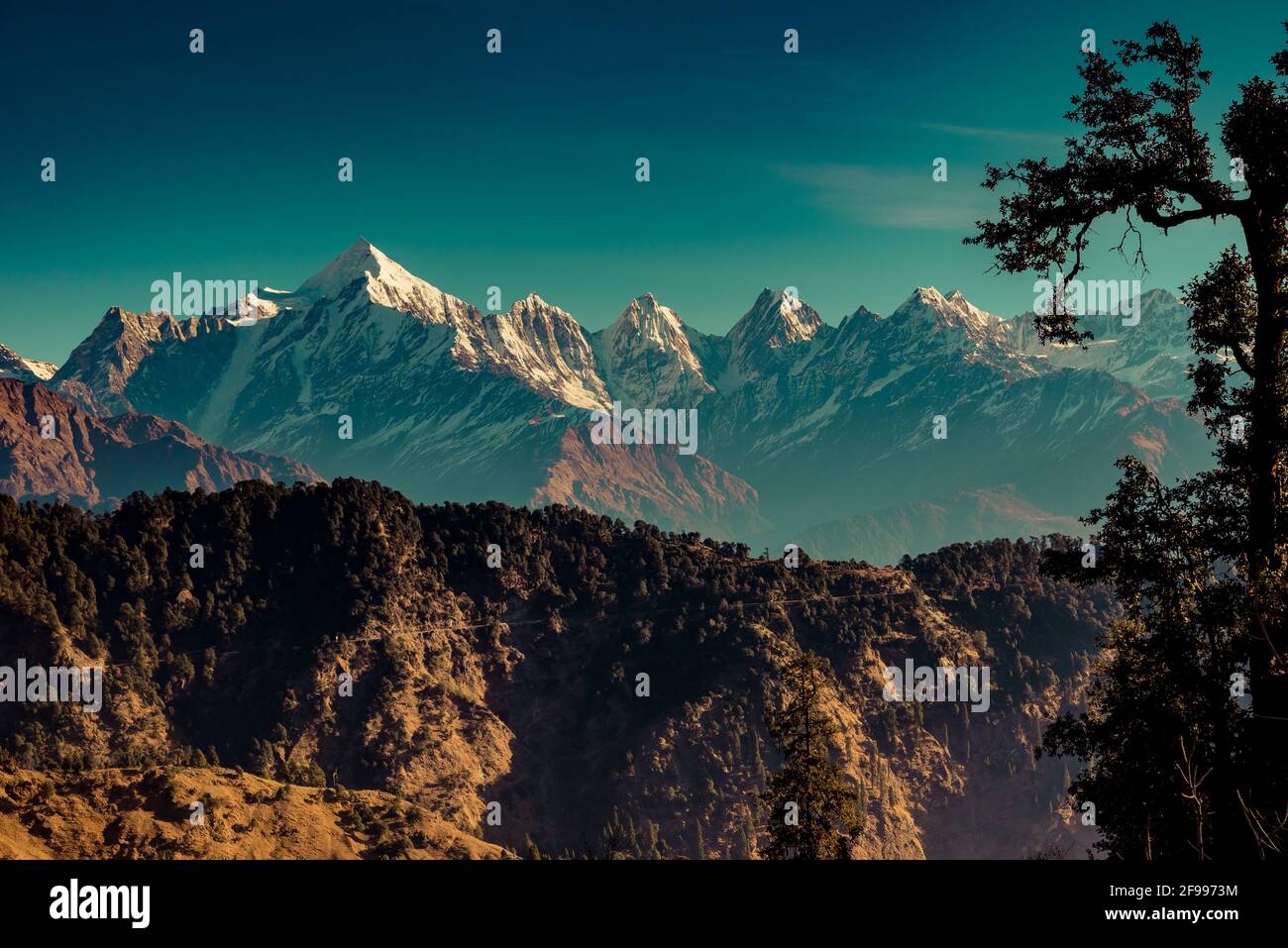 View of Snow cladded Panchchuli peaks falls in great Himalayan mountain ...