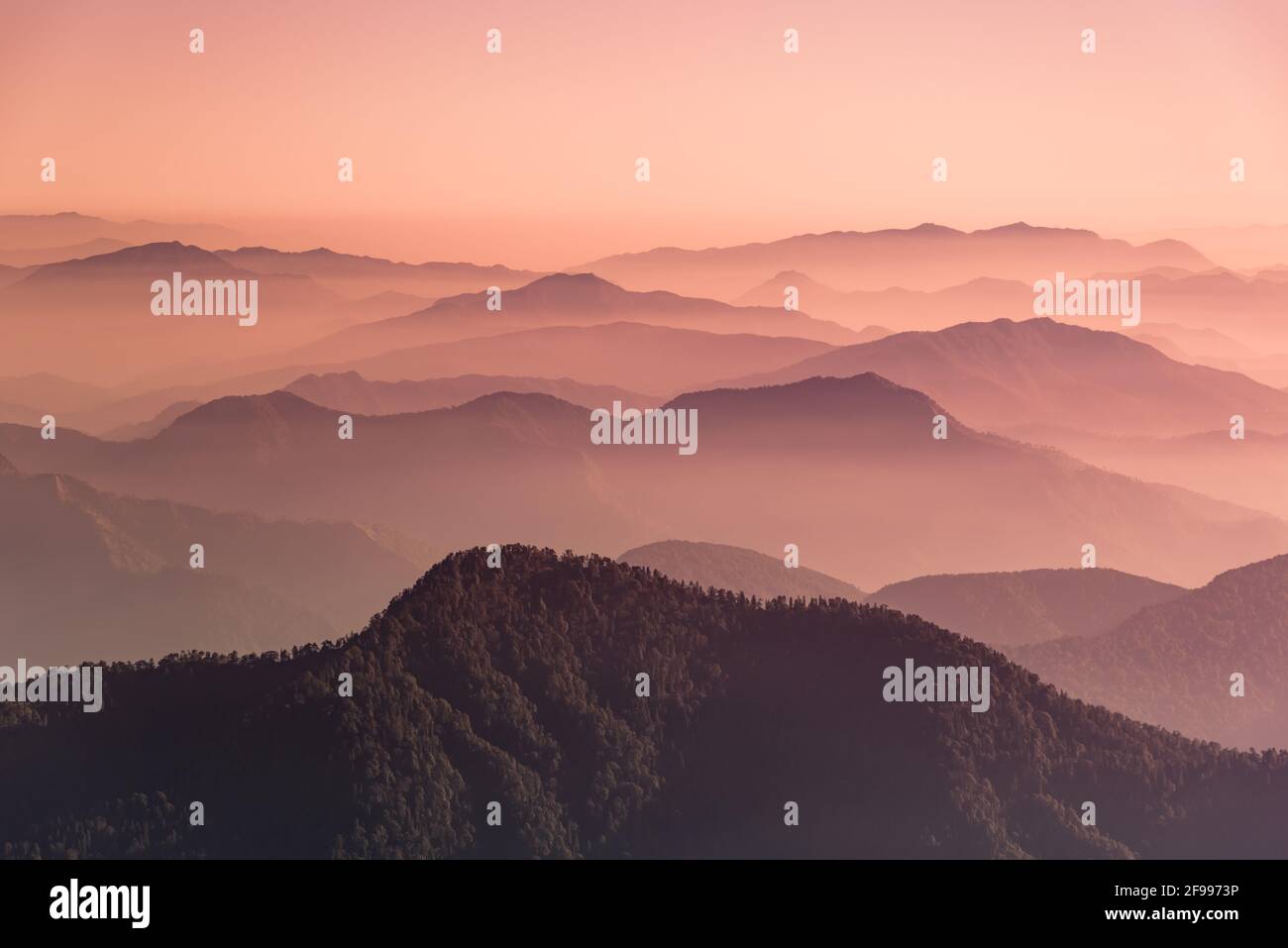 View of Himalayas mountain range with visible silhouettes through the ...