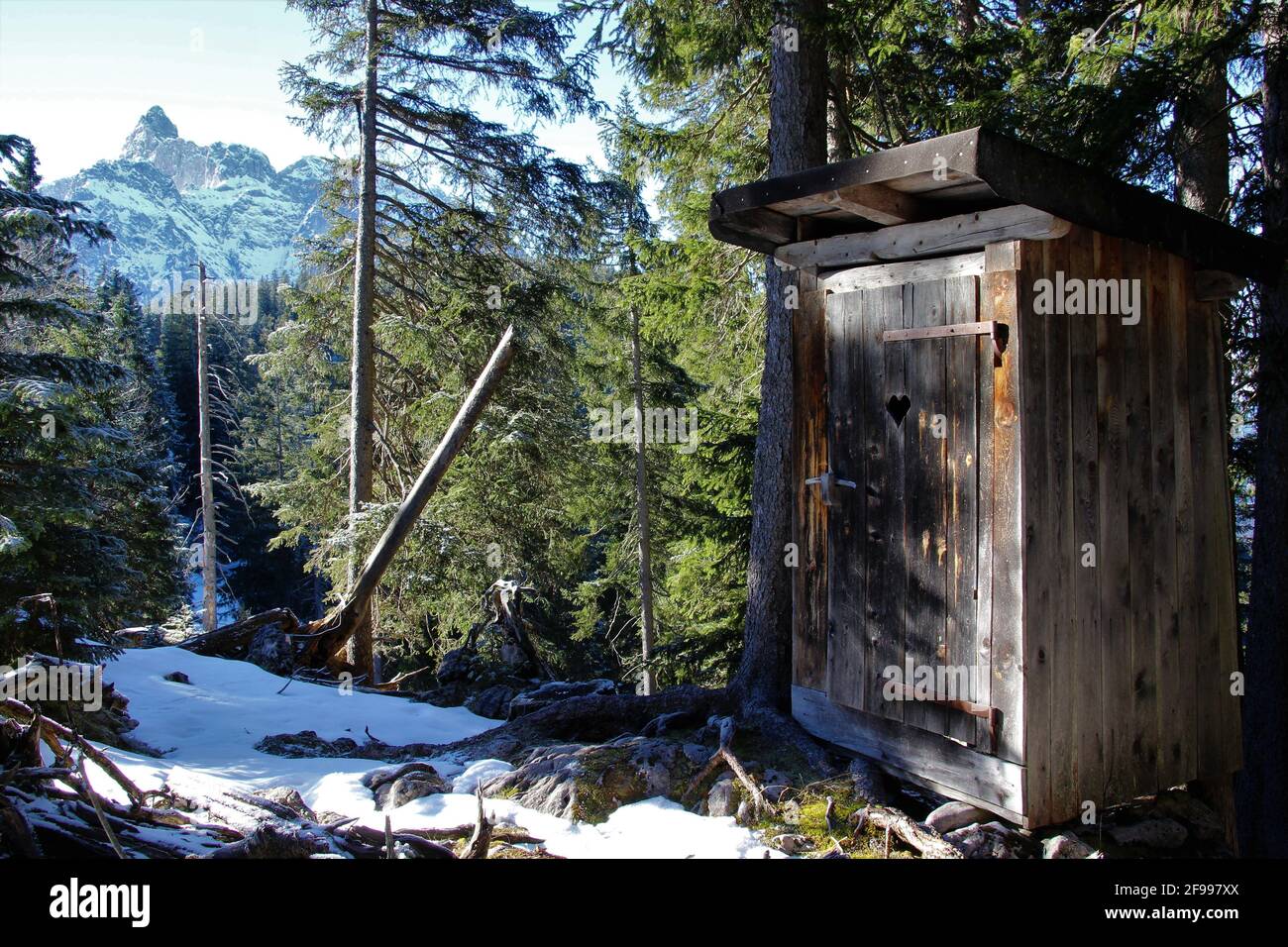 Winter hike near Mittenwald, toilet, toilet house, near Rehbergalm ...