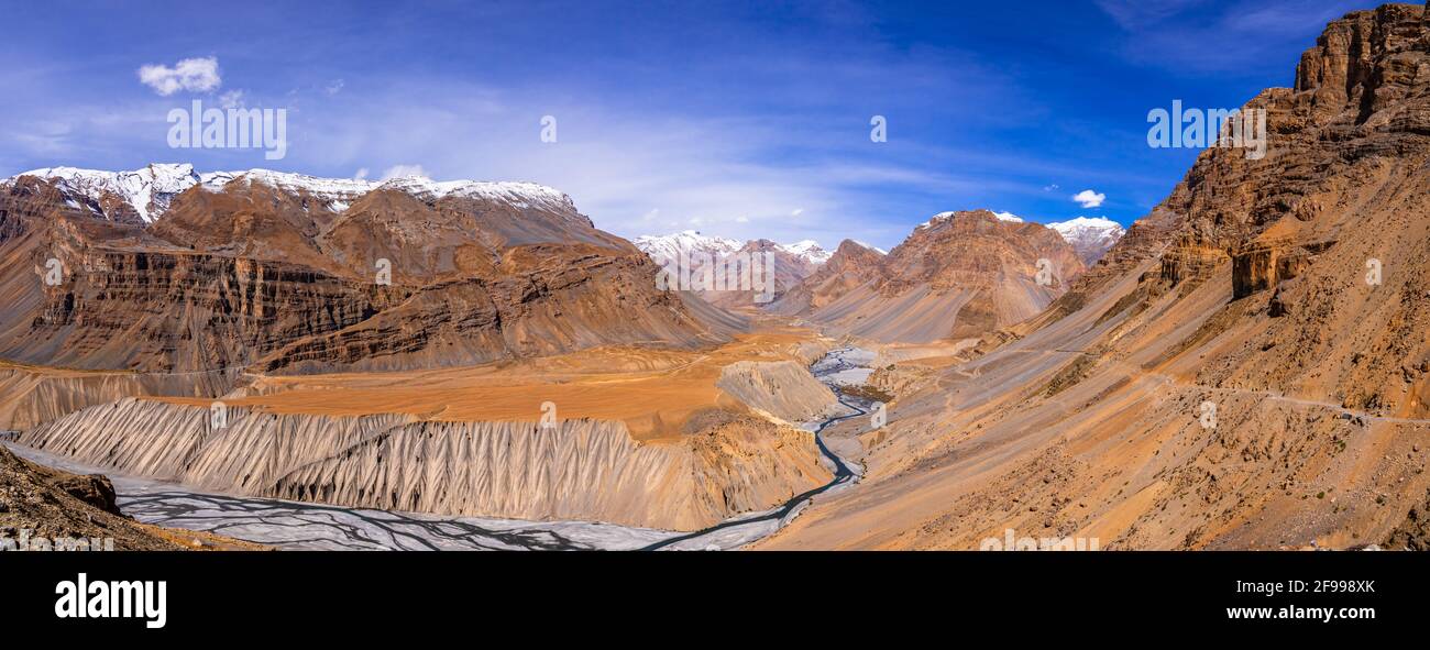 Serene Landscape of Spiti river valley with gully eroded and pinnacle ...