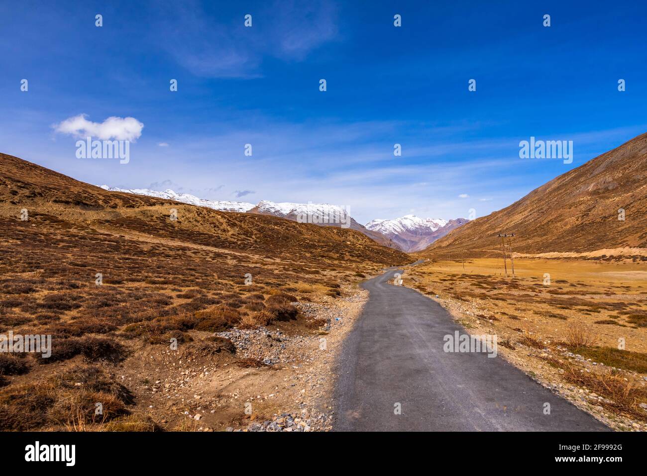 Cold desert barren landscape of Spiti mountain valley with sparse grass ...