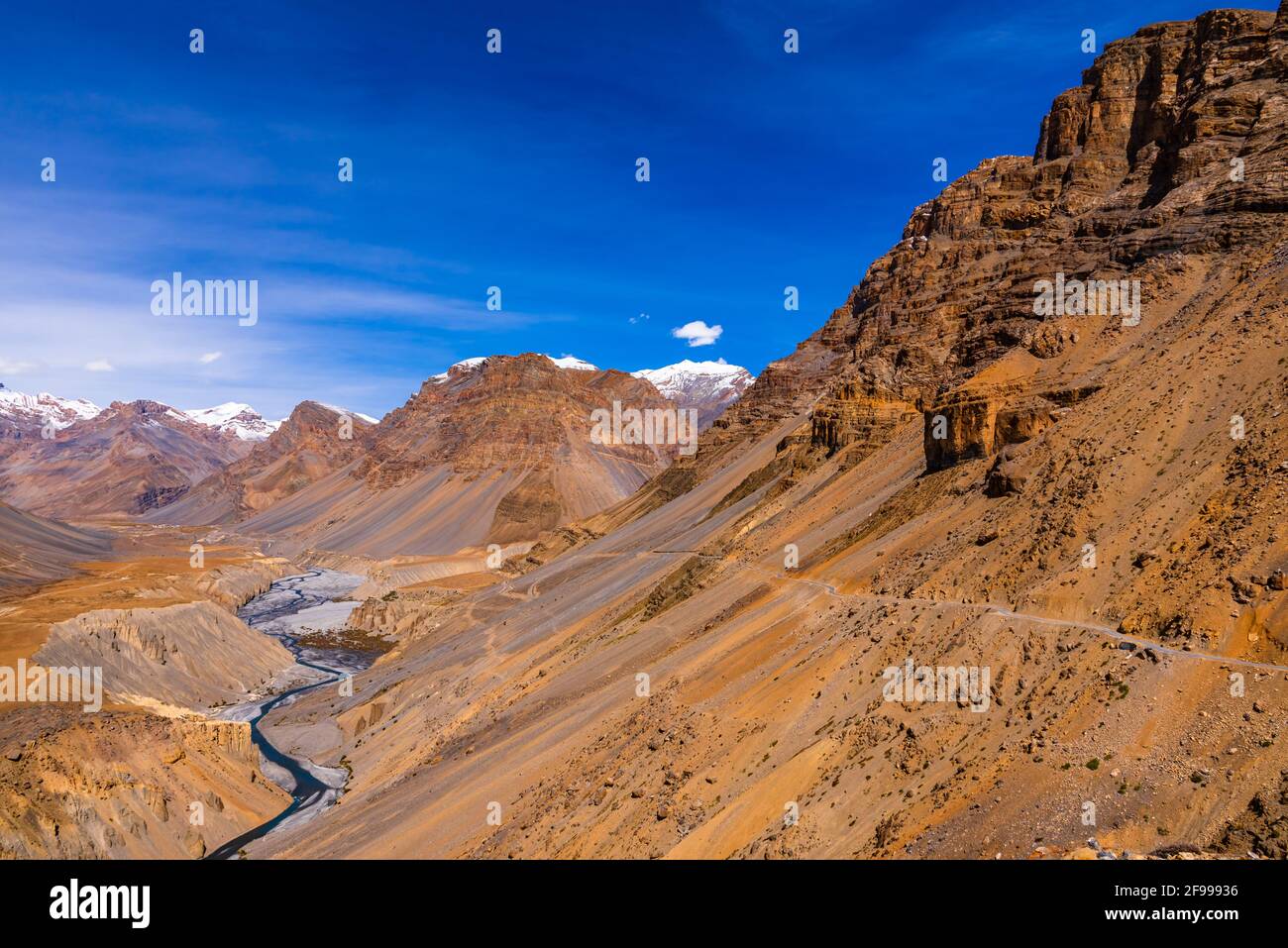 Serene Landscape of Spiti river valley with gully eroded and pinnacle ...