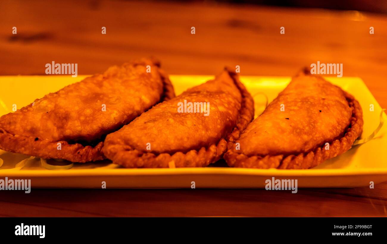 Selective focus traditional Tibetan deep fried dish Shabaklab served in ...