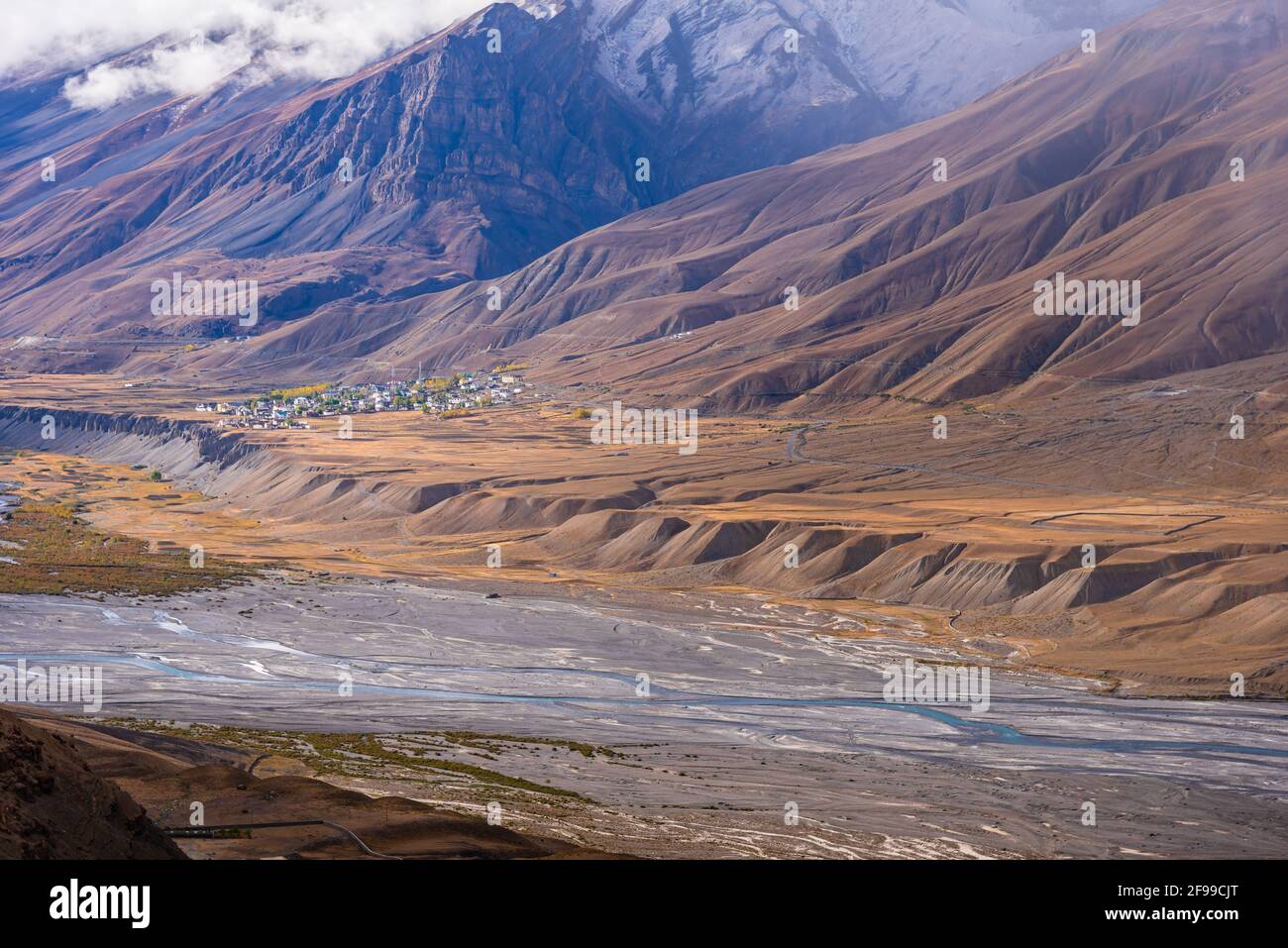 Serene Landscape of Spiti river valley & snow capped mountains during ...