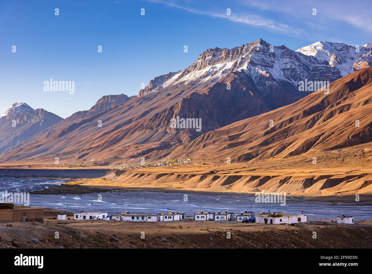 Panoramic landscape of Spiti river valley and snow capped mountains ...