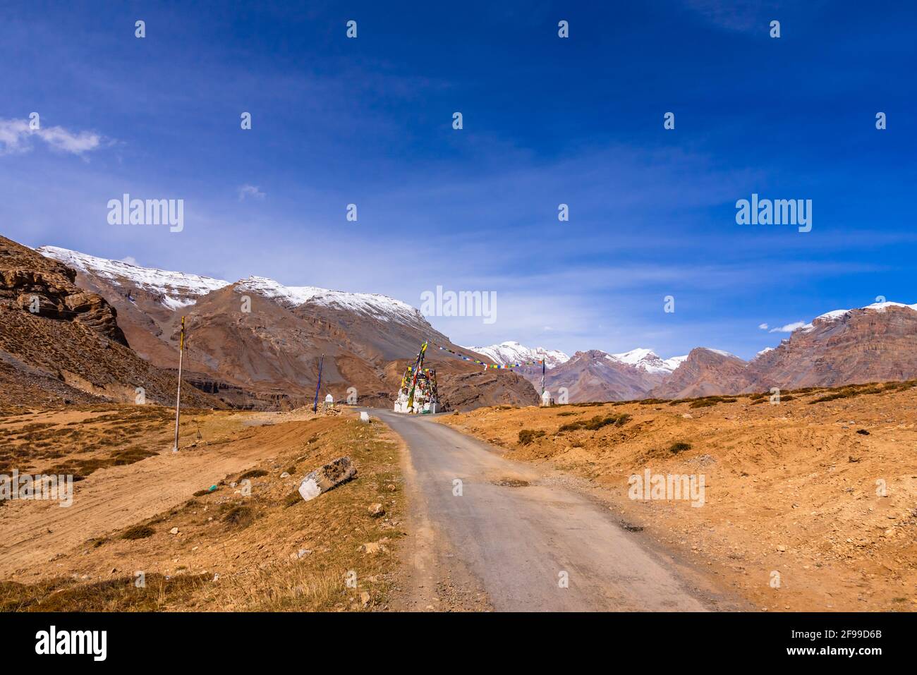 Cold desert barren landscape of Spiti mountain valley with sparse grass ...