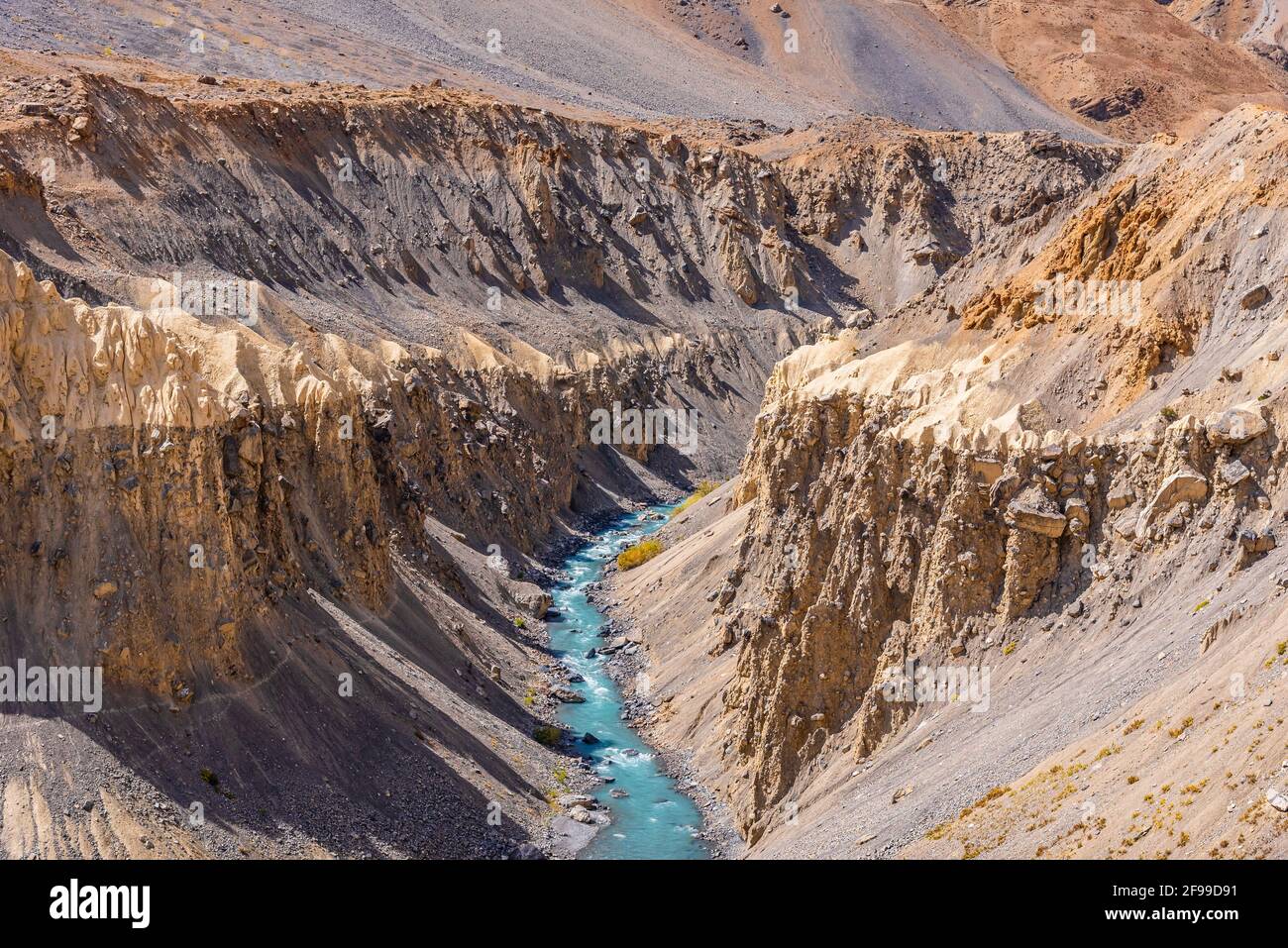 Beautiful landscape of Spiti river valley with weathered geological ...