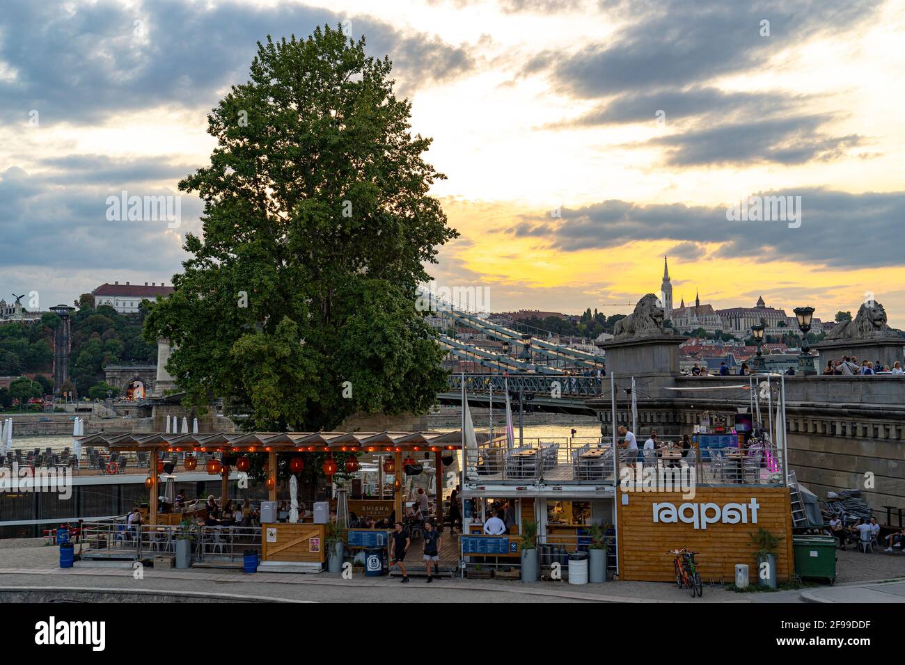 Cafe with Chain Bridge and Castle View, Budapest, Hungary Stock Photo ...