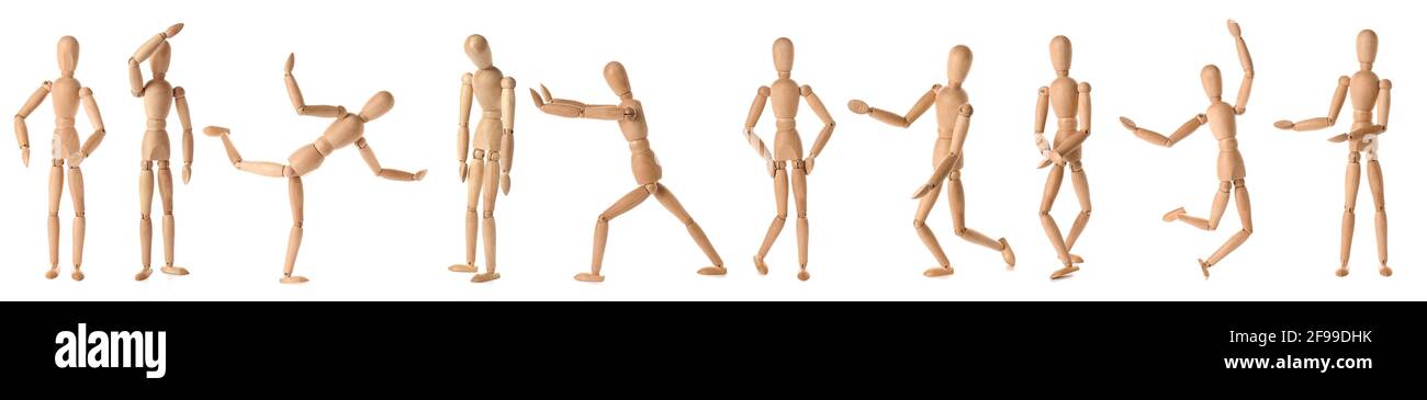 Collage of wooden mannequins in different positions on white background ...