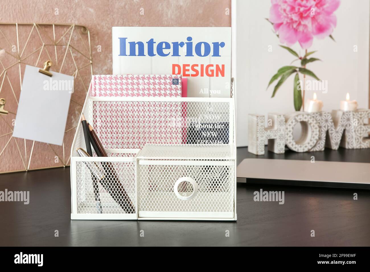 Stylish workplace with organizer in room Stock Photo - Alamy